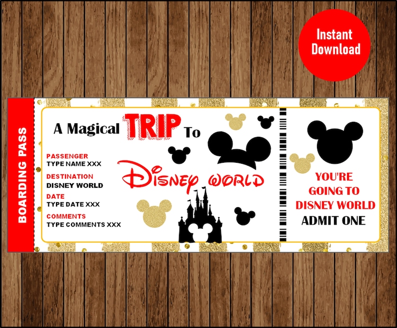 Surprise Trip Ticket to Disneyworld, Boarding Pass, Editable File ...