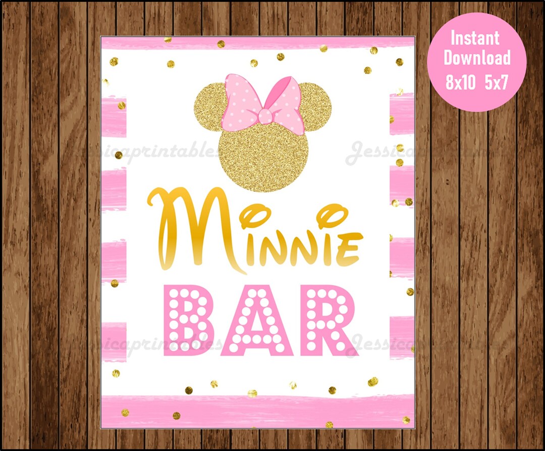 Pink and Gold Glitter Minnie Mouse Printable 5x7 and 8x10 Minnie Bar ...