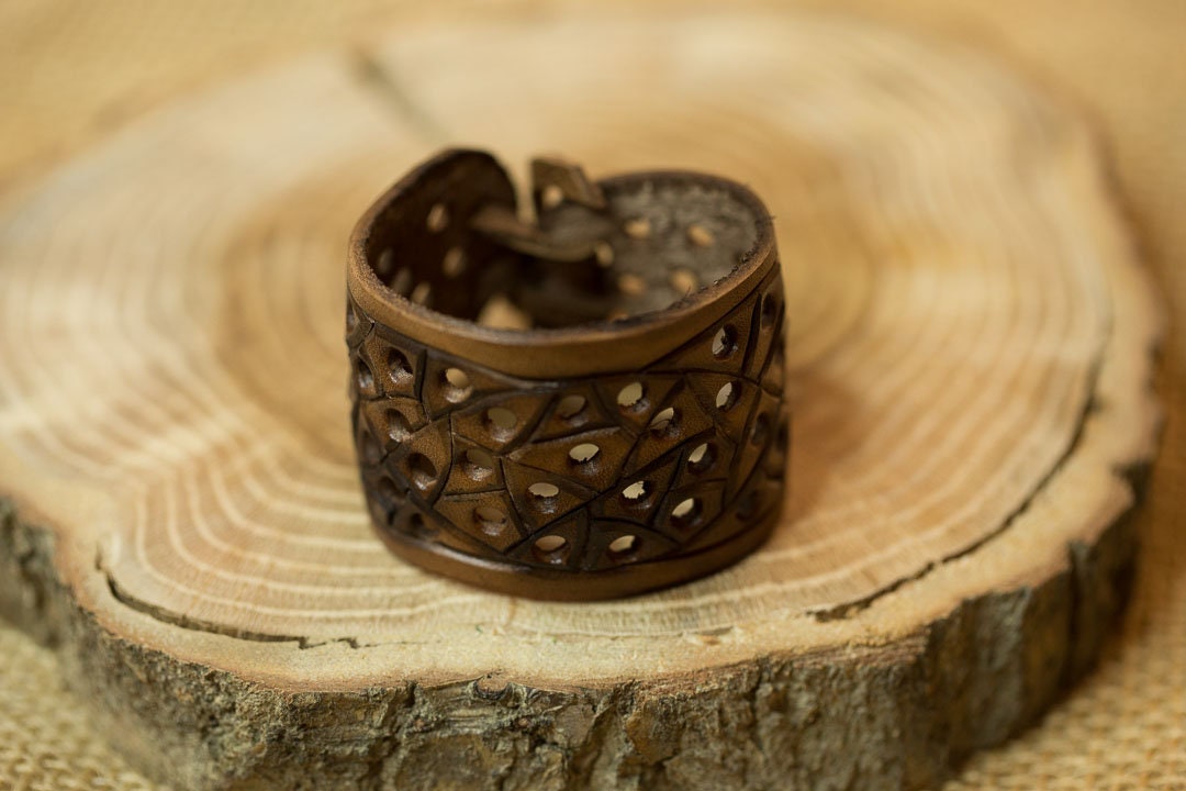 Unique Handmade Genuine Leather Pitted Bracelet - Small Width - Etsy