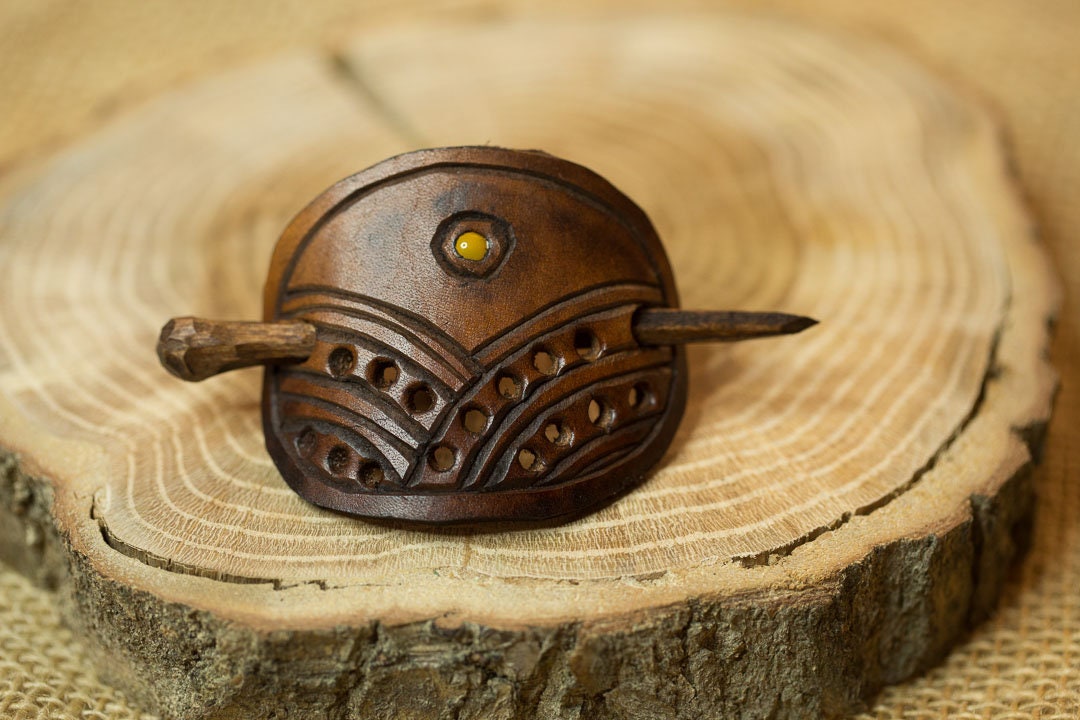 Beautiful Leather Handmade Pitted Hair Clip Barrette With Yellow ...
