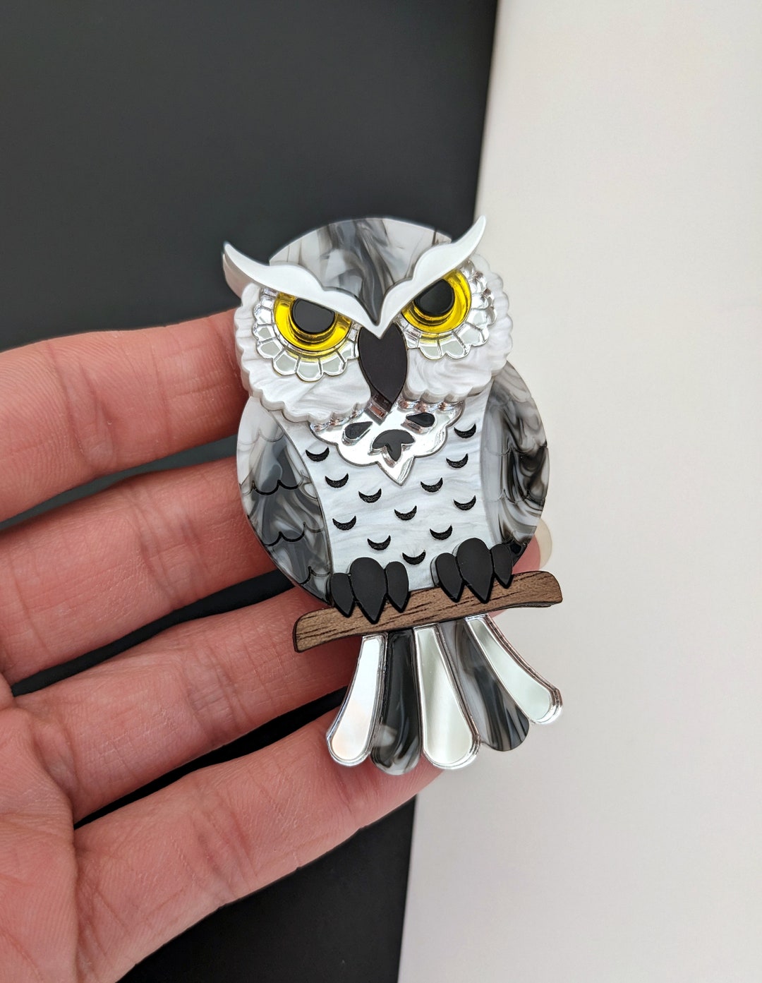 Brooch Owl 'snowy', Hand Made, Bird, Walnut Wood, Silver, Halloween ...