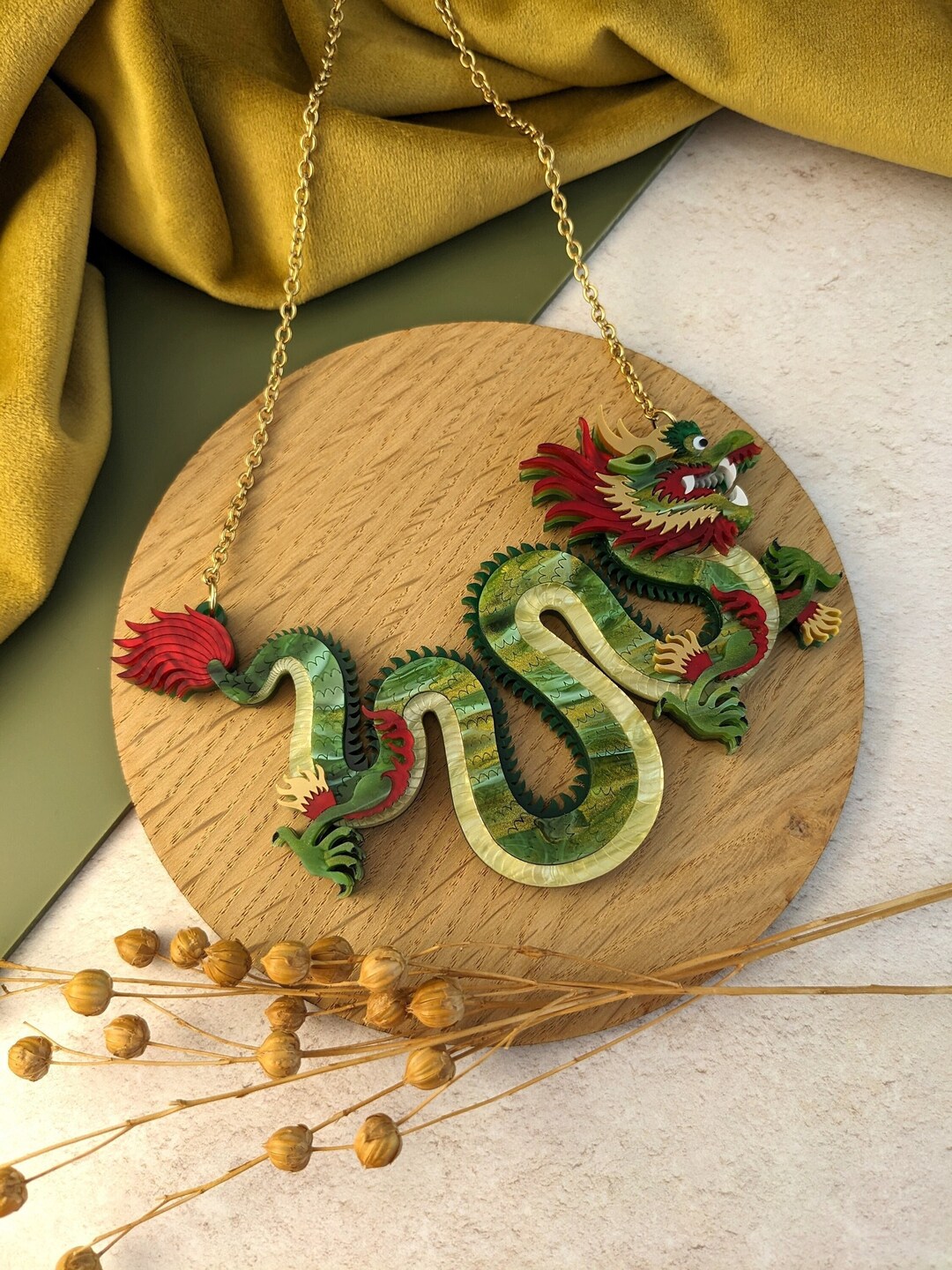 Necklace Small Chinese Dragon, GREEN, Lunar New Year, Laser Cut ...