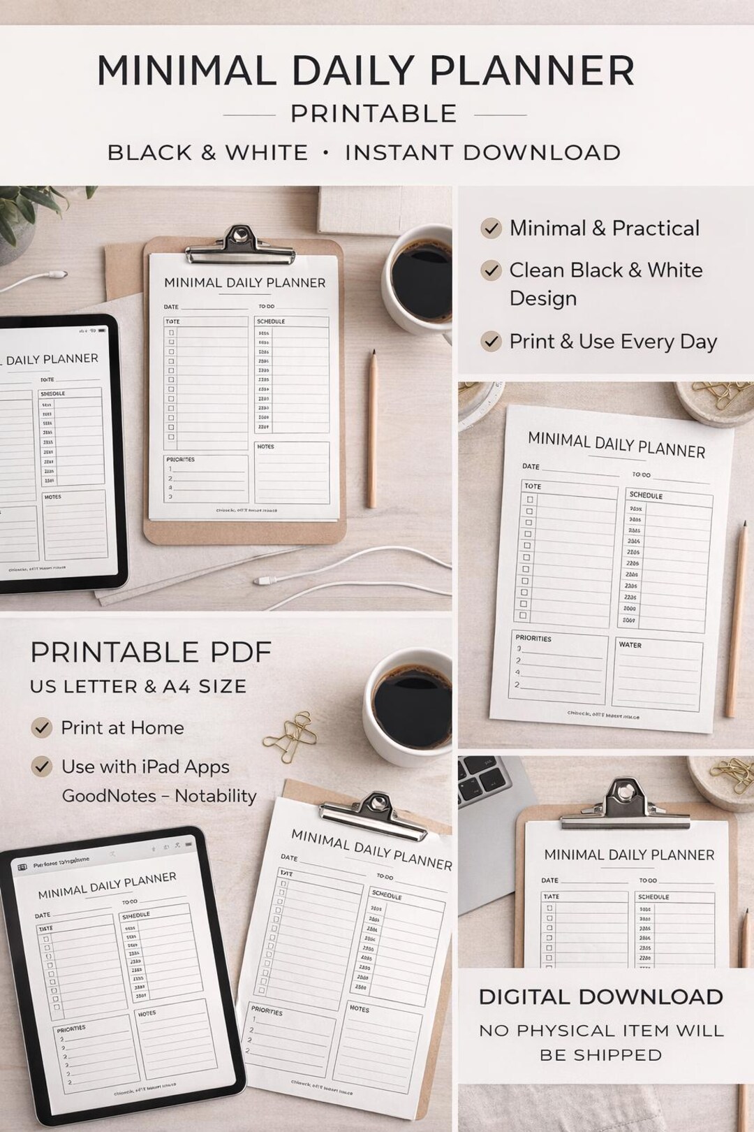 Minimal Daily Planner Printable Black and White Daily Planner A4 PDF ...