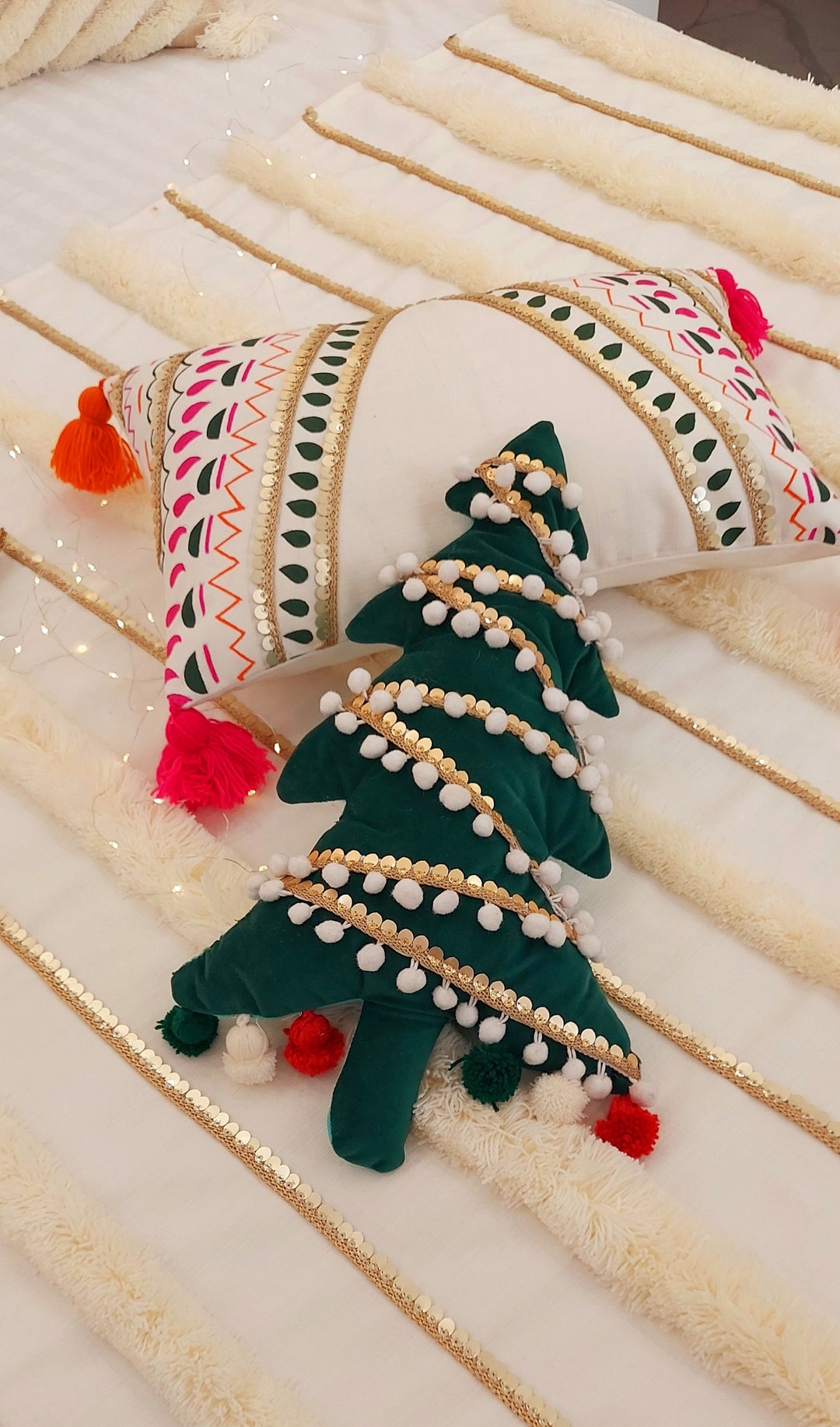 Christmas Tree Shape Tassel Velvet Pillow Christmas Tree Shape Sofa ...