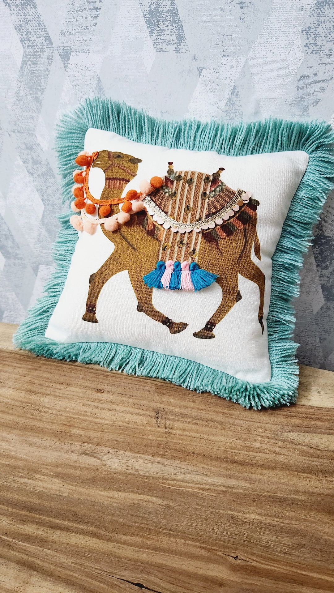 Embroidered Camel Cushion Cover With Tassel Pom Pom & Fringe Free ...