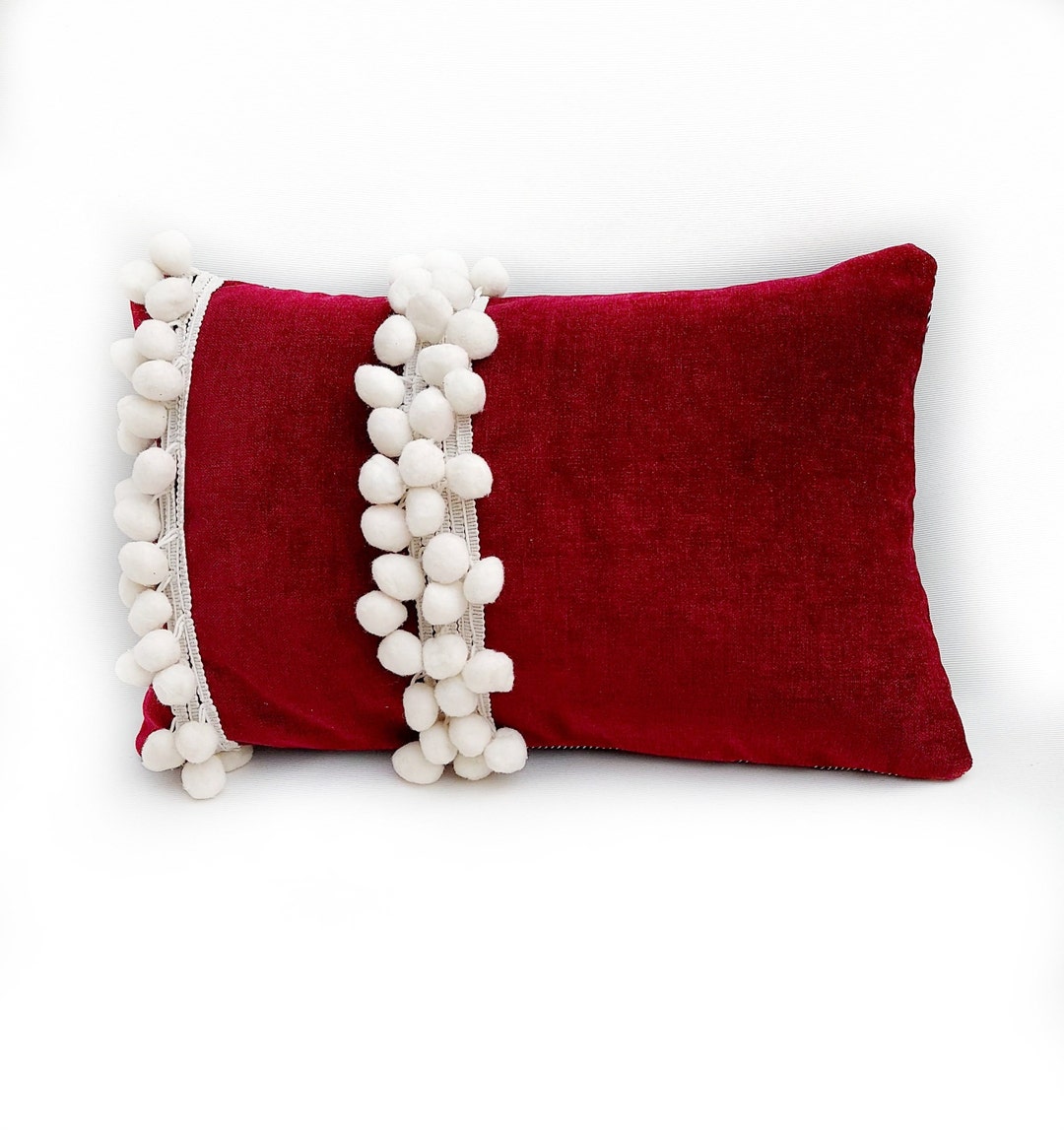 Red Christmas Big Pom Pom Lumbar Red Pom Pom Rectangular Cushion Cover ...