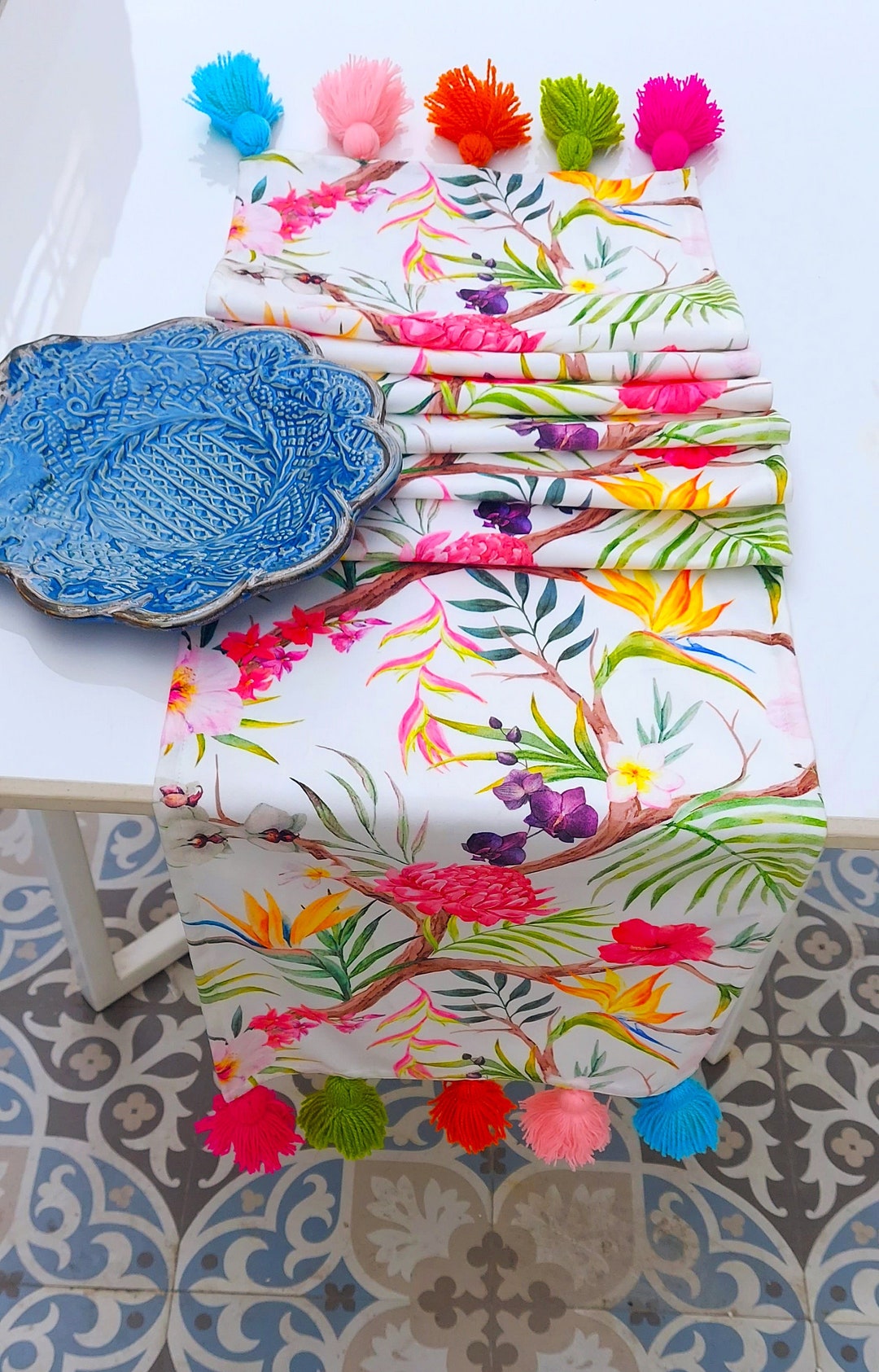 Multicolored Floral Tassel Table Runner/ Floral Thanksgiving Bohemian ...