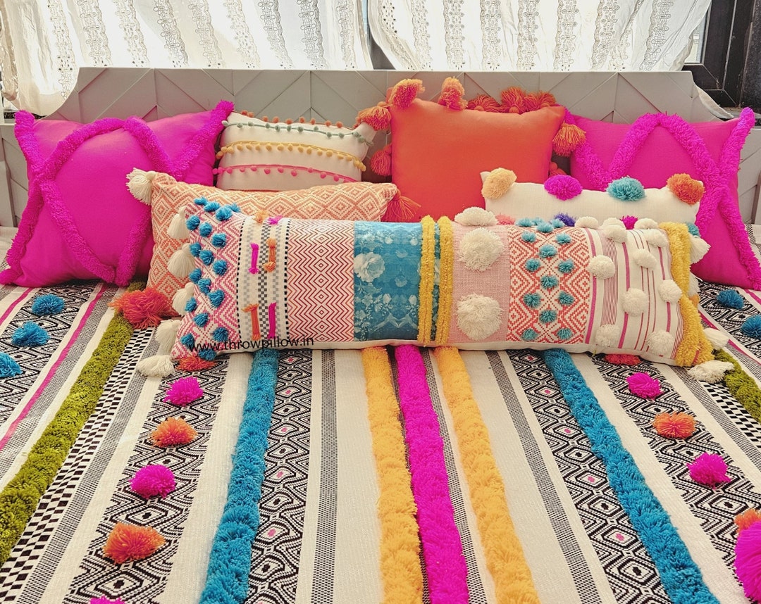 Dorm Room Delight: Pastel Oversize Rectangular Lumbar Cushion With Pom ...