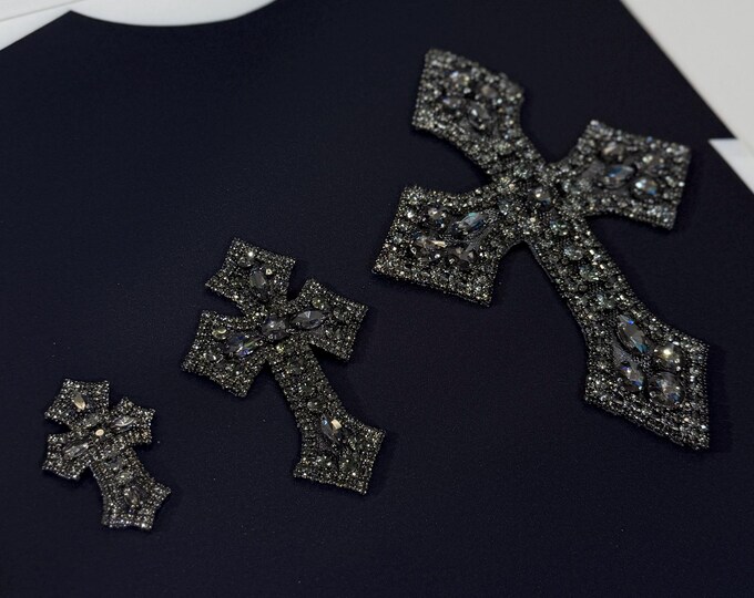 Black Jet Iron on Crystal Cross Rhinestone Patch - Hot-fix - Heat Press ...