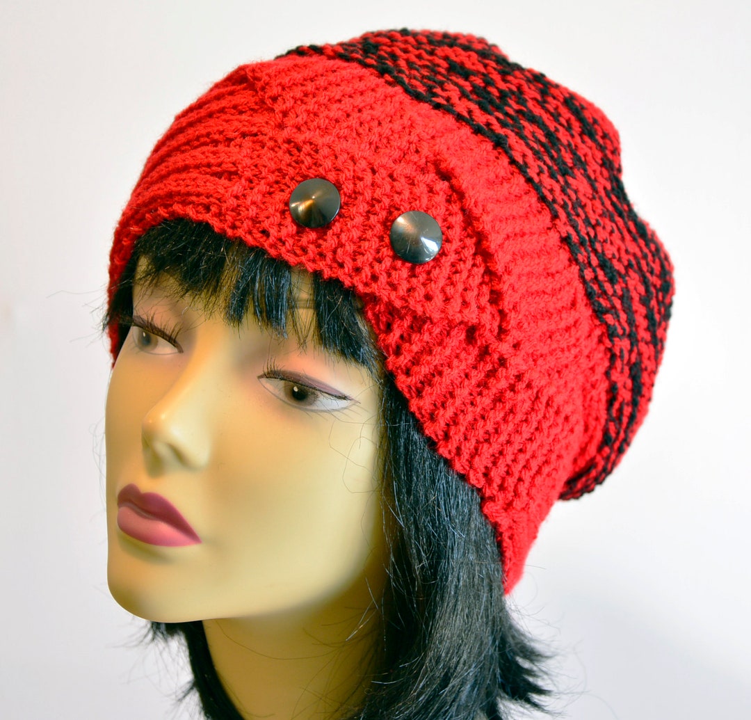 Knitted Women's Hat luna, Red, Black - Etsy UK