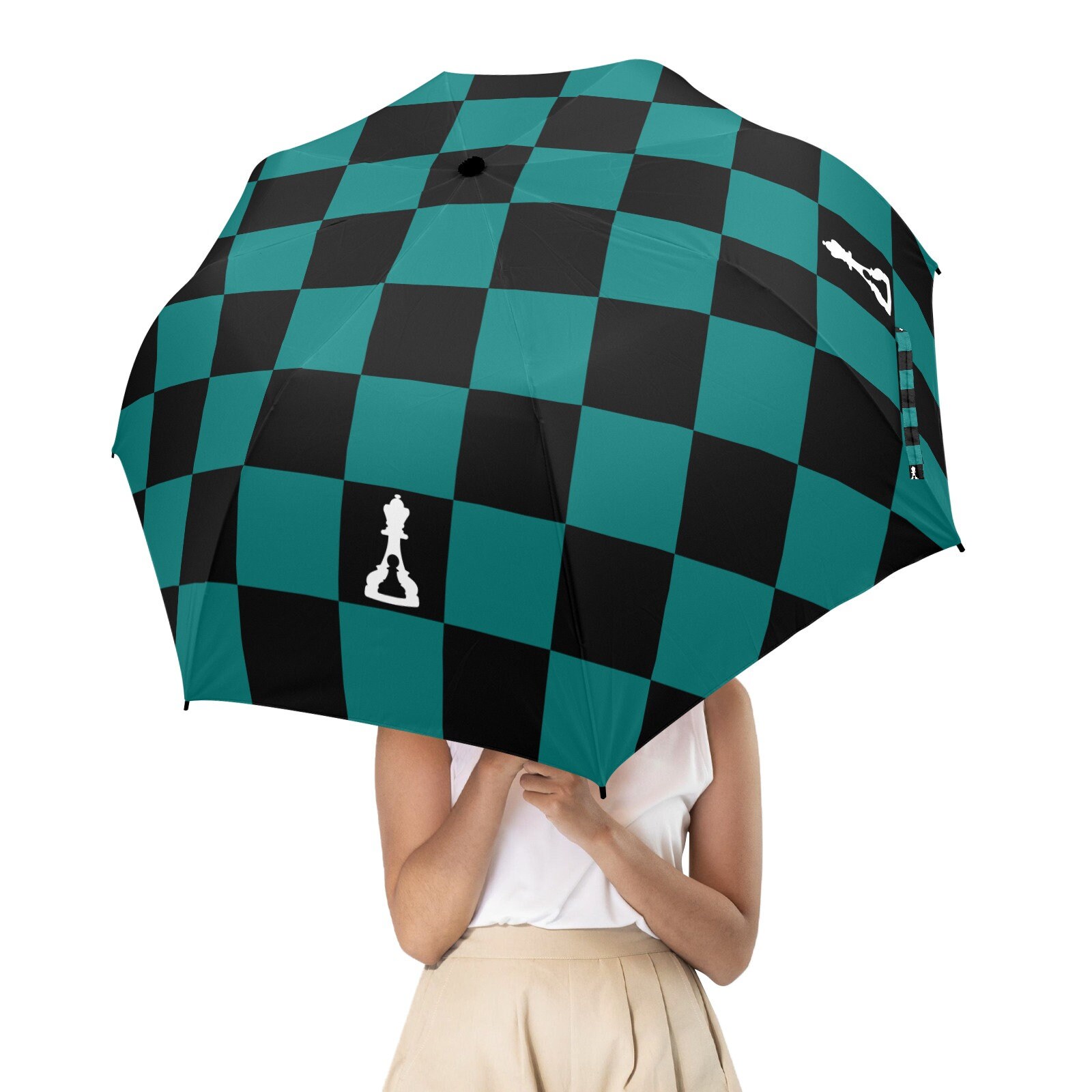Foldable Umbrella Semi-automatic Green and Black Checker - Etsy