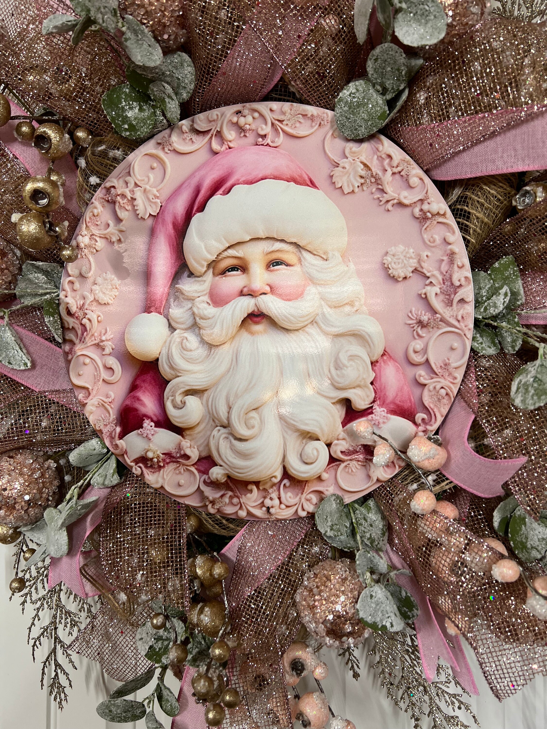 Elegant Pink Santa Wreath for Your Front Door, Gold and Pink Christmas ...