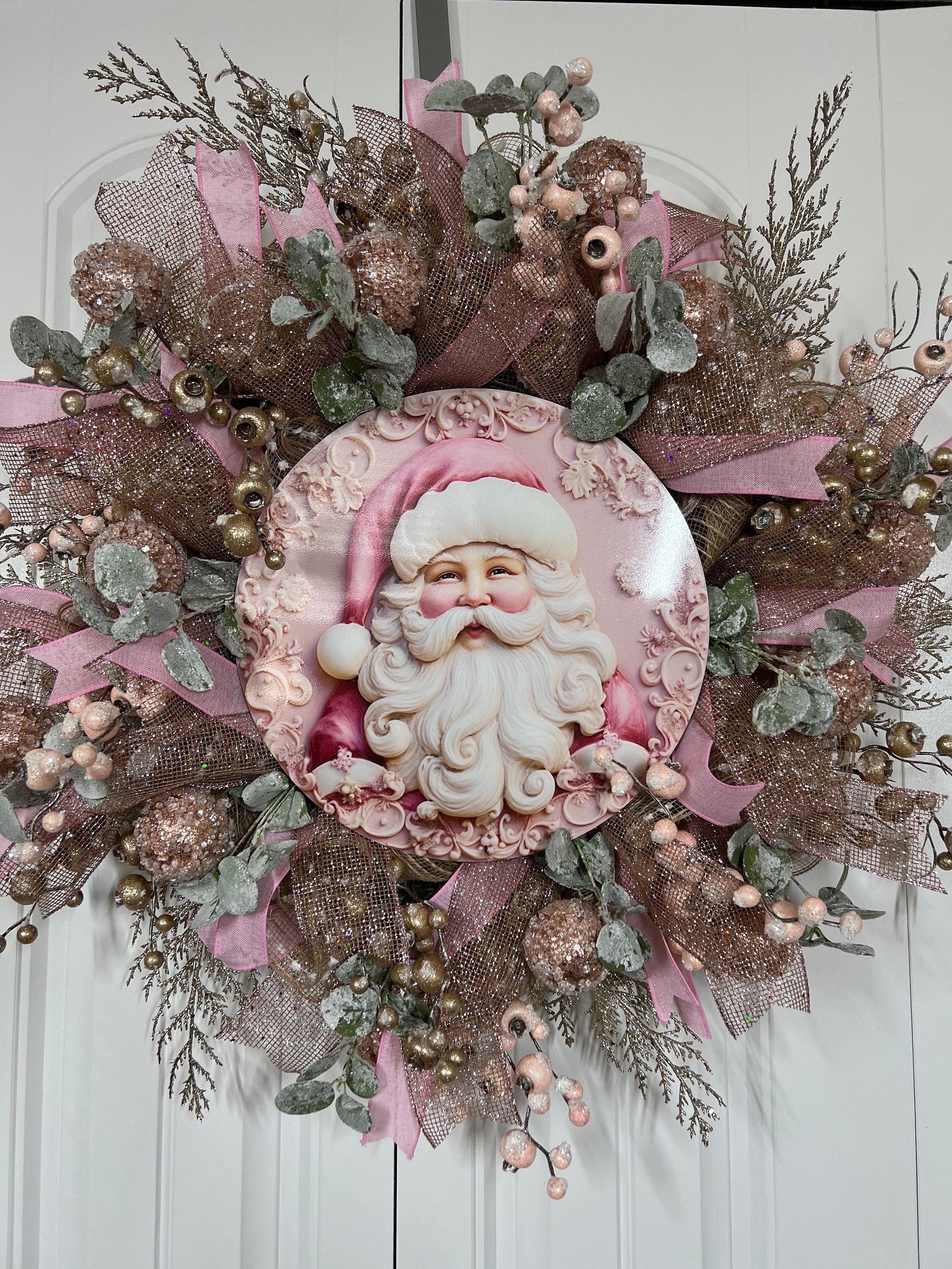 Elegant Pink Santa Wreath for Your Front Door, Gold and Pink Christmas ...