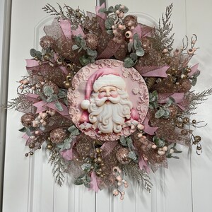 Elegant Pink Santa Wreath for Your Front Door, Gold and Pink Christmas ...