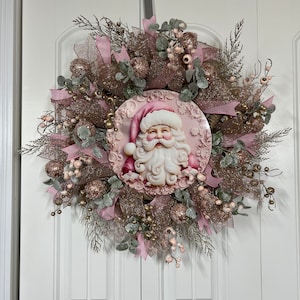 Elegant Pink Santa Wreath for Your Front Door, Gold and Pink Christmas ...