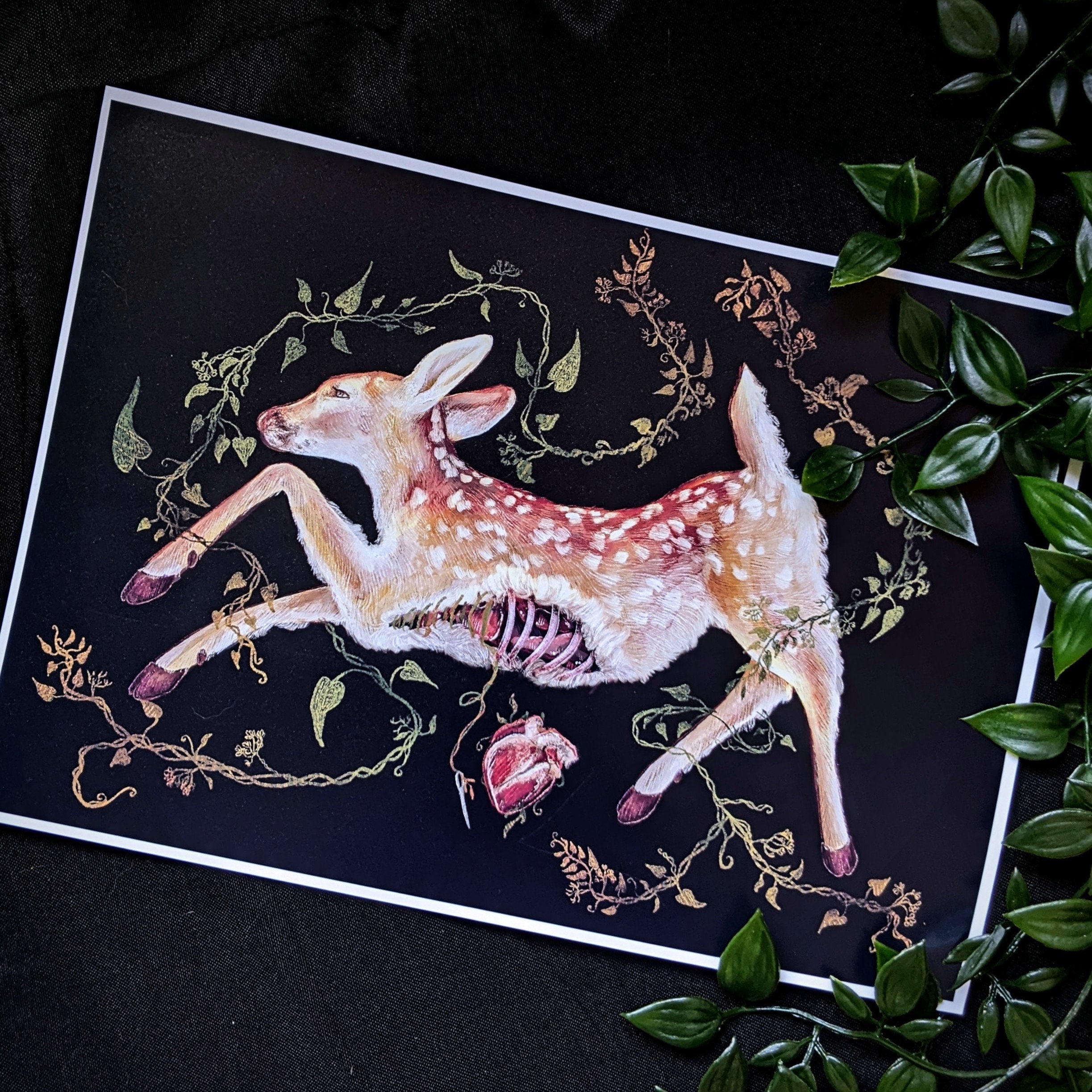 Gothic Fawn With Flowers Handmade Art Print, Deer Oddities ...