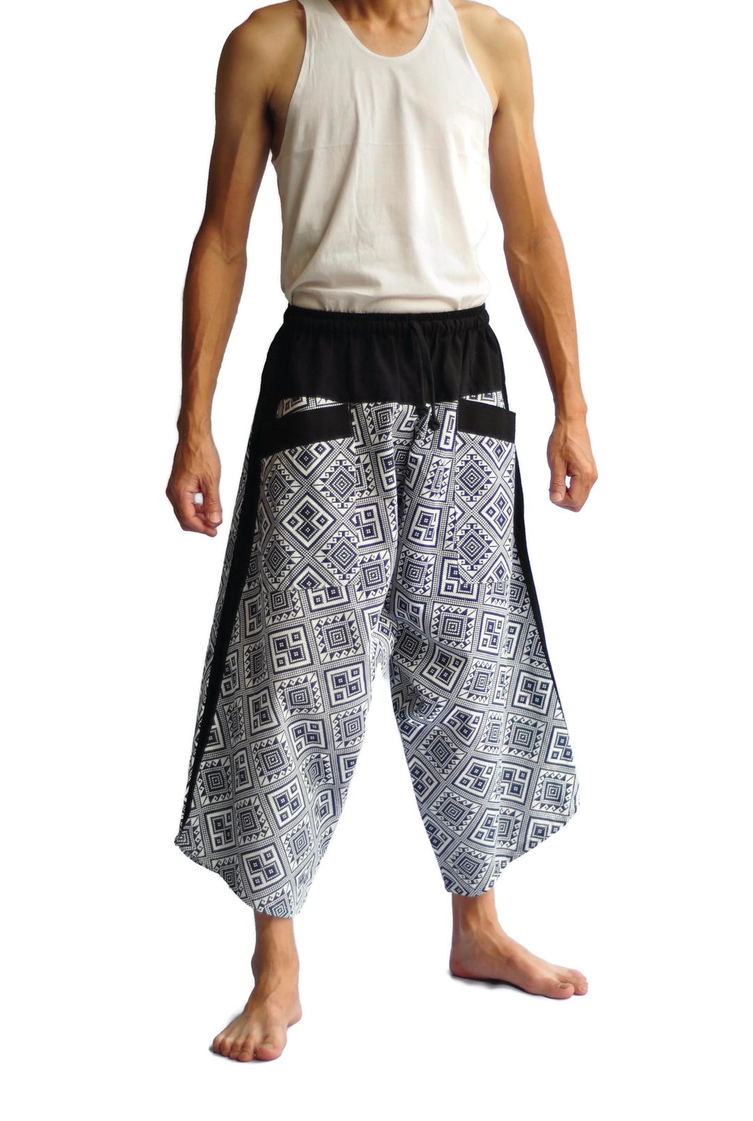 Men's Japanese Style Cotton Pants: Black Square Design, One Size - Etsy