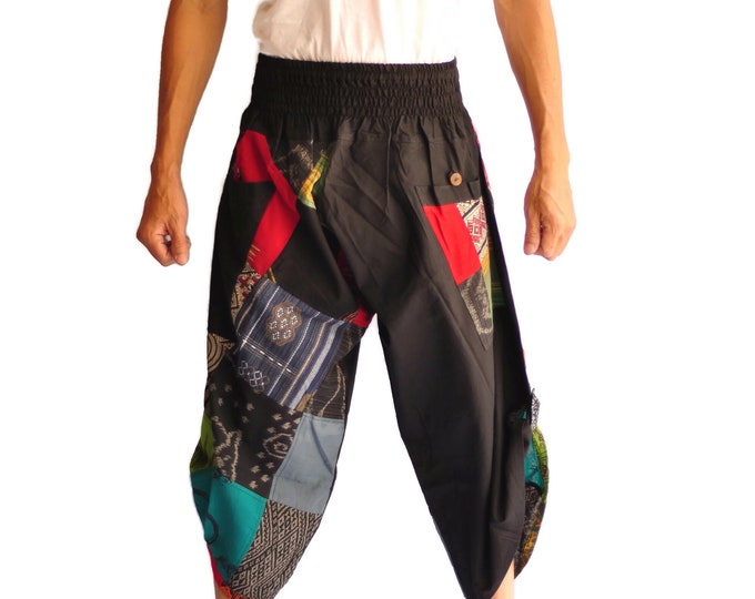 AHP Men's Japanese Style Pants One Size Black Japanese Design Patchwork ...