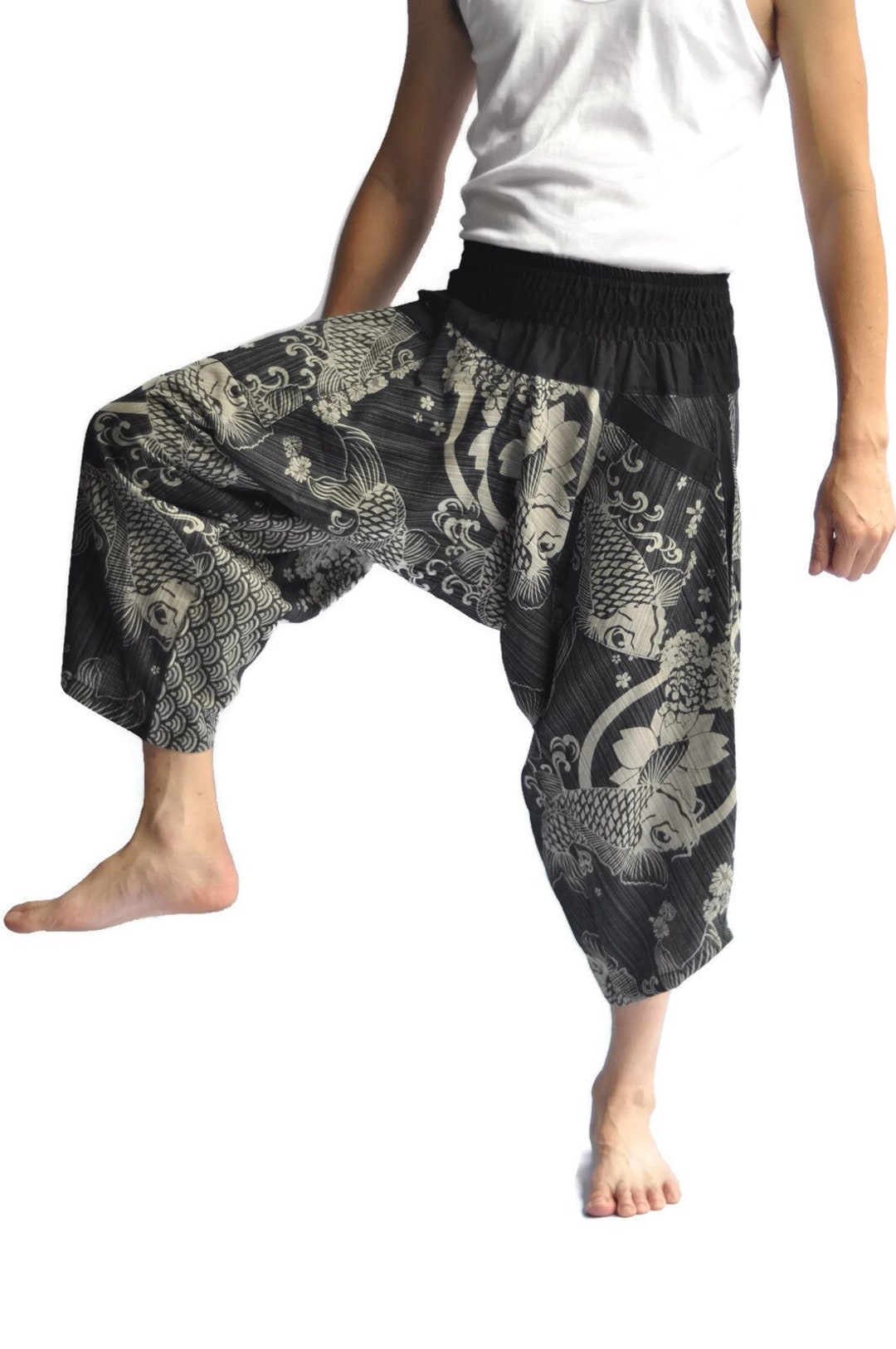 AHP Men's Japanese Style Pants One Size Black Japanese Design Flower ...