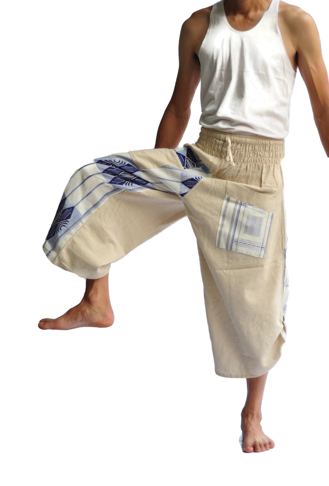 Thai Fisherman Pants Men Japanese Style Pants Samurai White and Blue ...