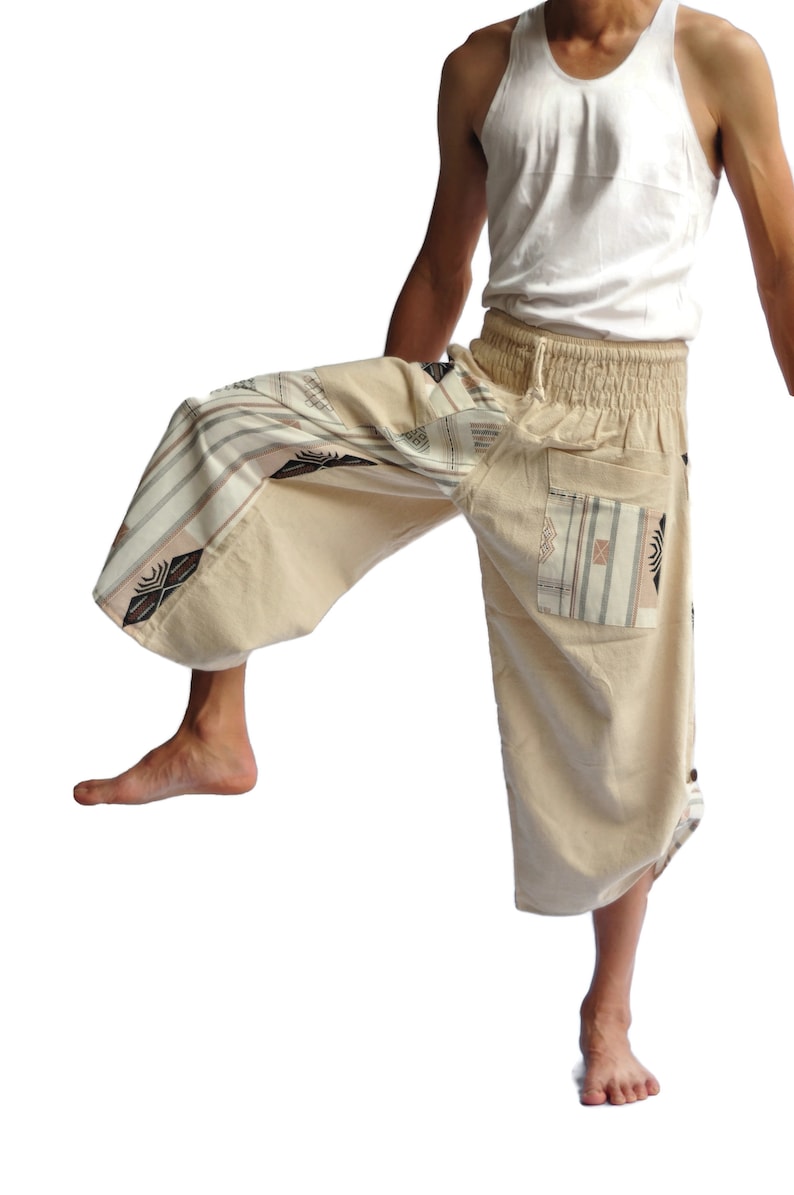 Thai Fisherman Pants Men Japanese Style Pants One Size White and Brown ...