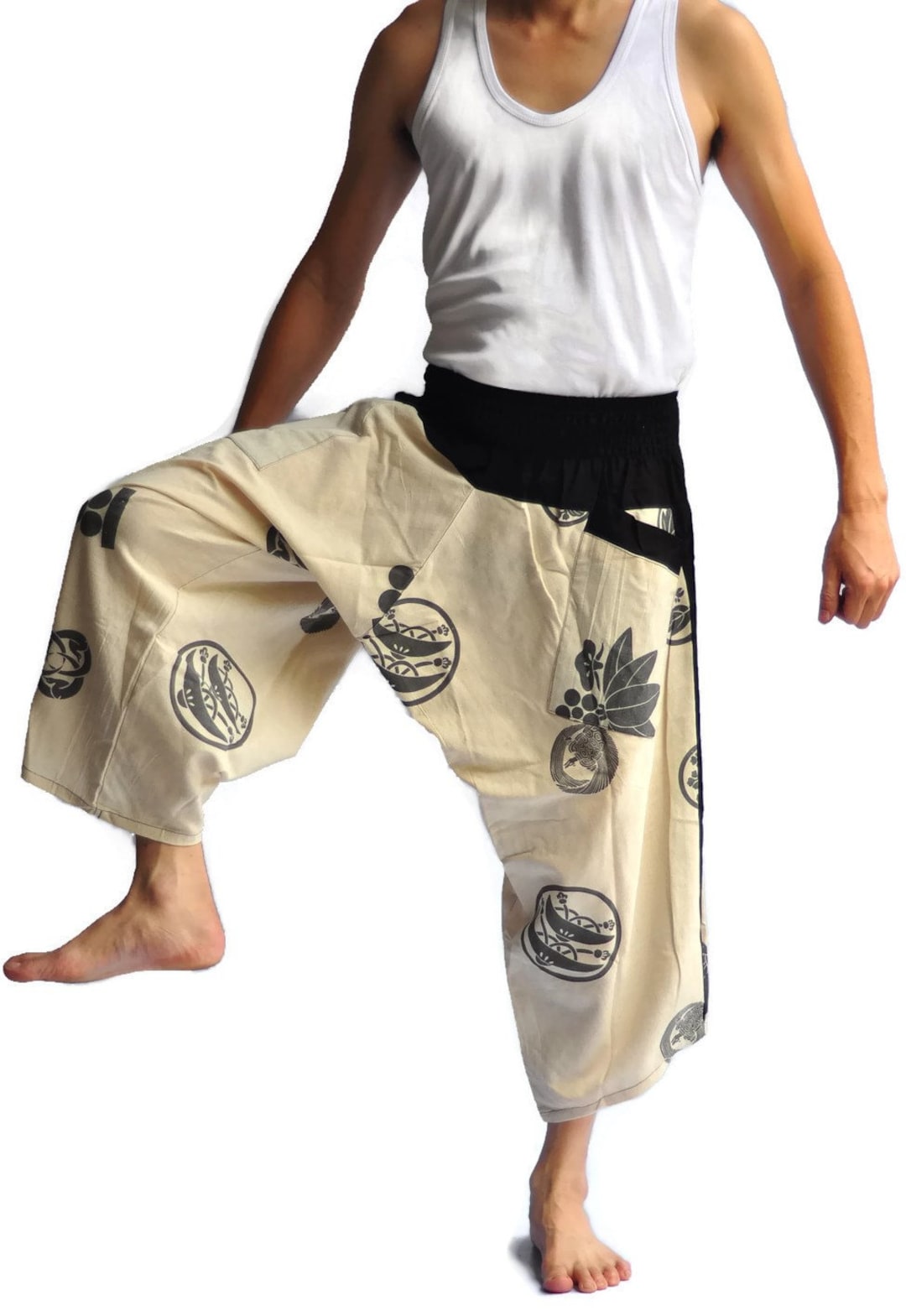 AHP Men's Japanese Style Pants One Size White Japanese Design Flower ...