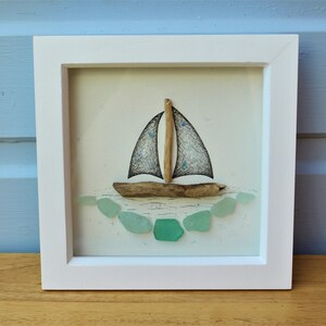 Sea Glass and Driftwood Ombre Sail Boat Art Framed in White Wooden Box ...