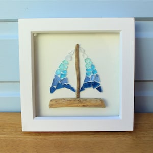 Sea Glass and Driftwood Ombre Sail Boat Art Framed in White Wooden Box ...