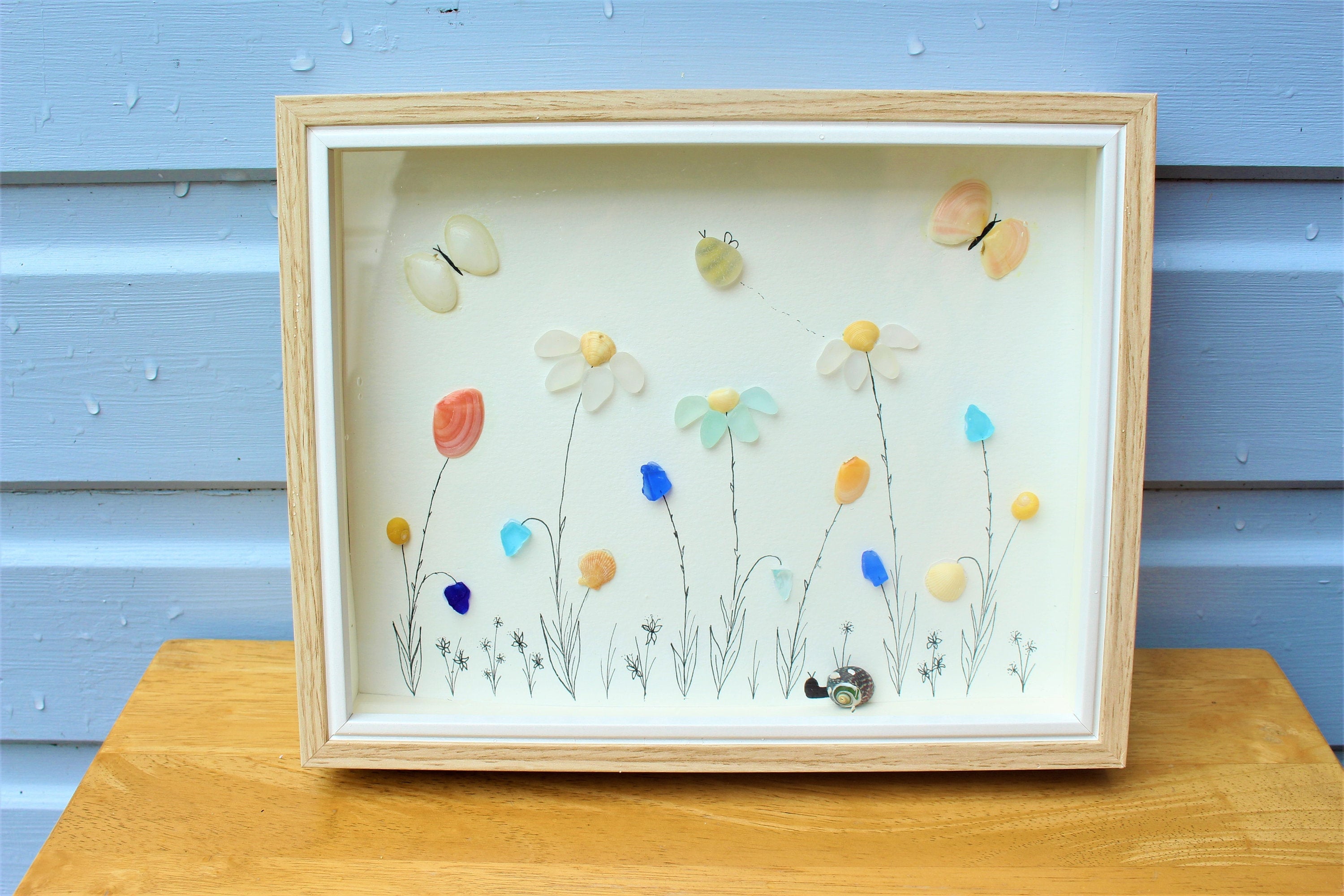 Cornish Sea Glass and Sea Shell Flower Art: Meadow Framed in Box Frame ...
