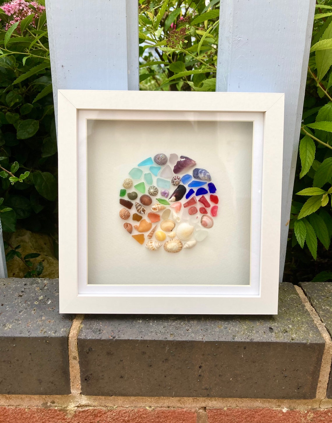 Rainbow Sea Glass and Sea Shell Circle Art Framed in a White - Etsy