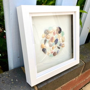 Sea Glass and Sea Shell Circle Art Framed in a White Wooden Shadow Box ...