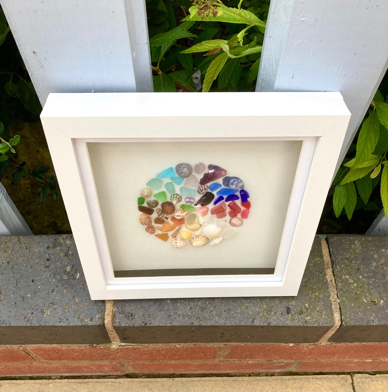Rainbow Sea Glass and Sea Shell Circle Art Framed in a White - Etsy