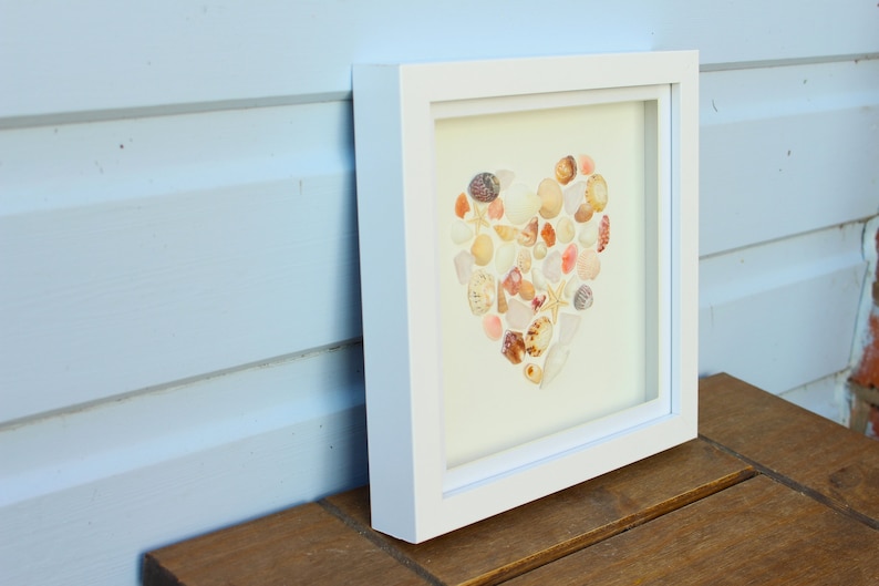 Sea Glass and Sea Shell Heart Art Pink: in White Wood Shadow Box Frame ...
