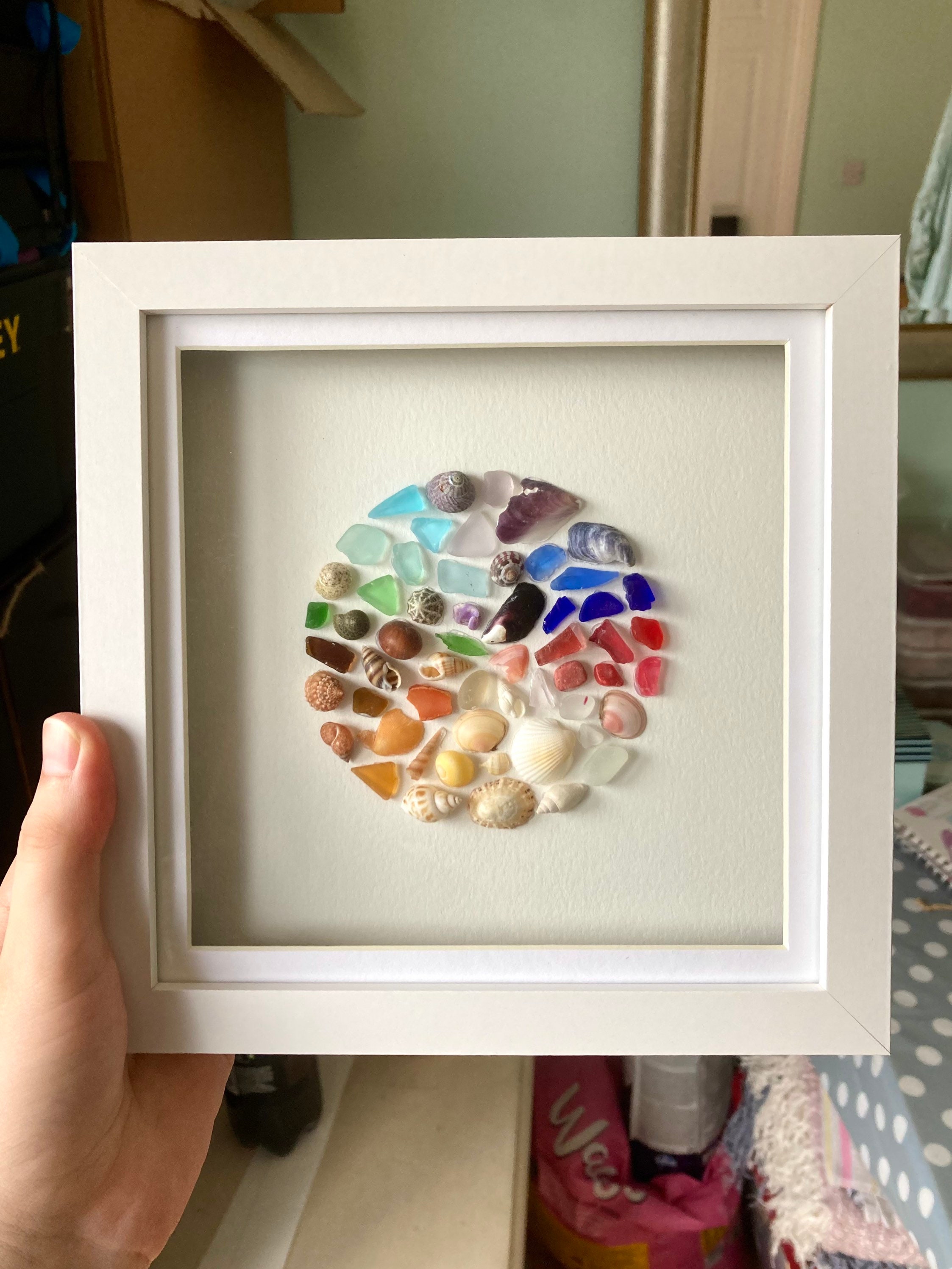 Rainbow Sea Glass and Sea Shell Circle Art Framed in a White - Etsy