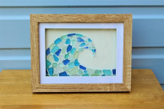 Sea Glass Ocean Wave Art Framed In Oak Wooden Box Frame With Etsy