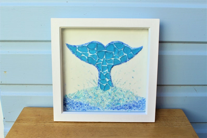 Cornish Sea Glass Blue Whale Tail Wall Art - Framed Coastal Decor ...