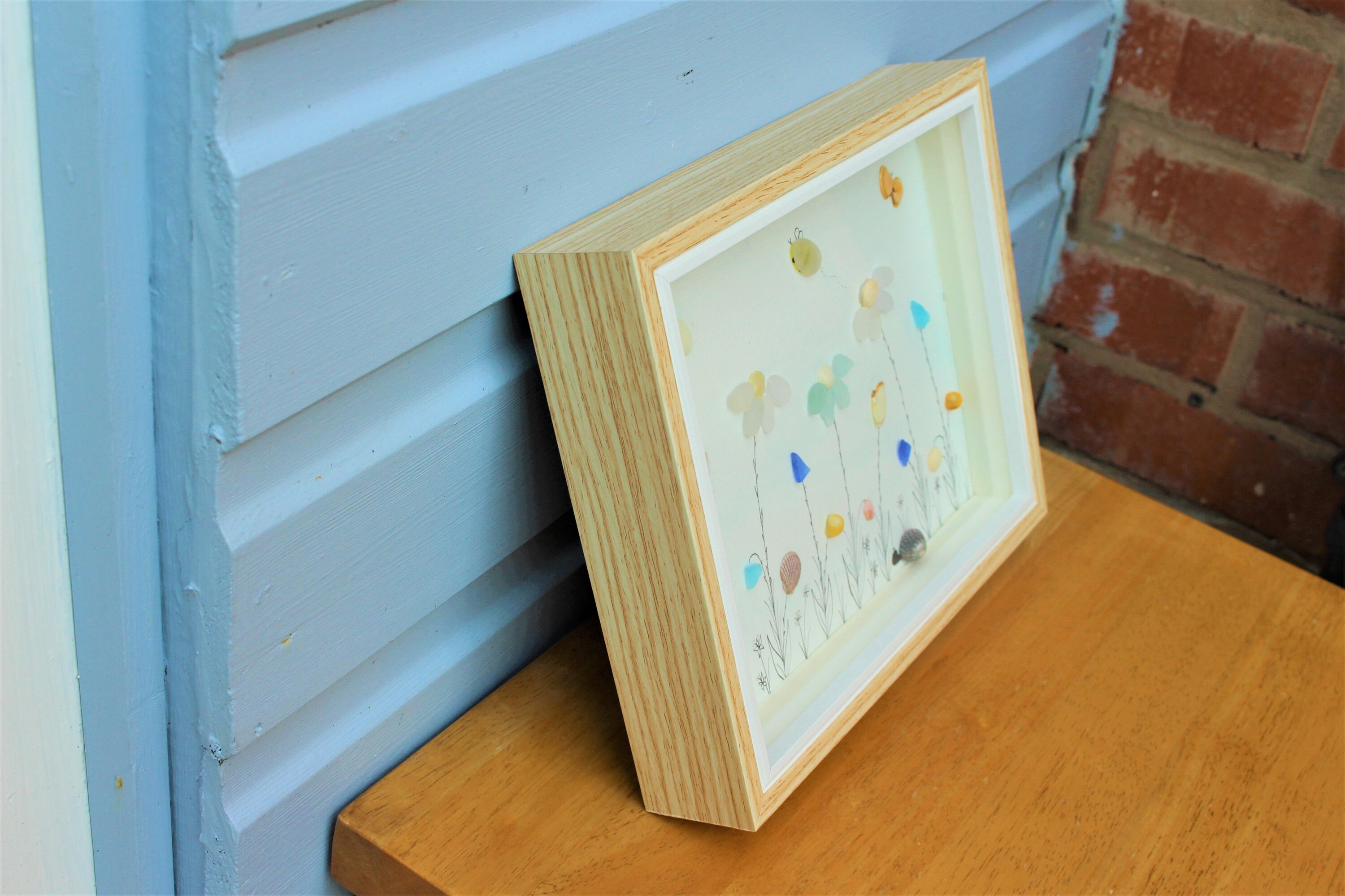 Cornish Sea Glass and Sea Shell Flower Art: Meadow Framed in Box Frame ...