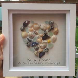 Sea Glass and Sea Shell Heart Art Framed in a White Wooden Shadow Box ...