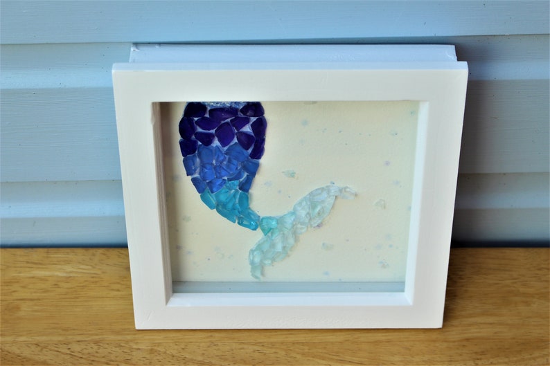 Sea Glass Mermaid Tail Art Framed in White Wooden Box Frame | Etsy