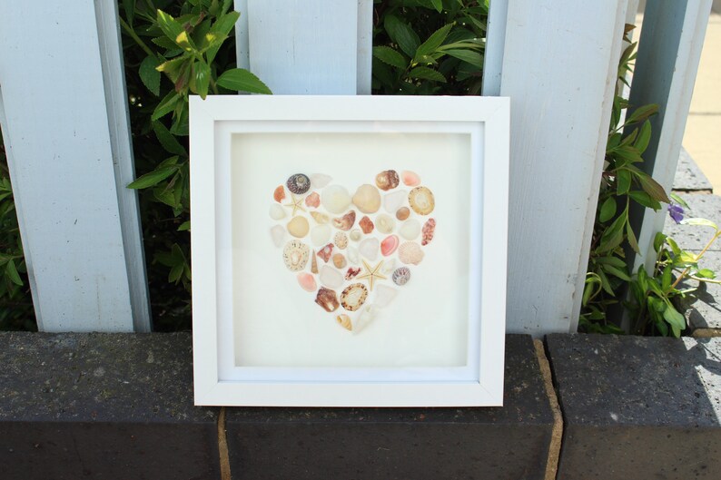Sea Glass and Sea Shell Heart Art Pink: in White Wood Shadow Box Frame ...