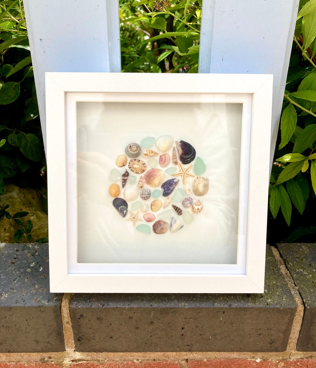 Sea Glass and Sea Shell Circle Art Framed in a White Wooden Shadow Box ...