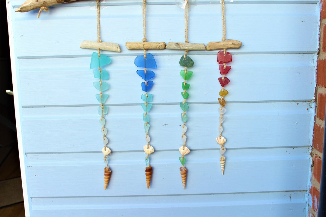 Sea Glass Sun Catcher With Driftwood and Sea Shells 15”-18” Long (4 ...