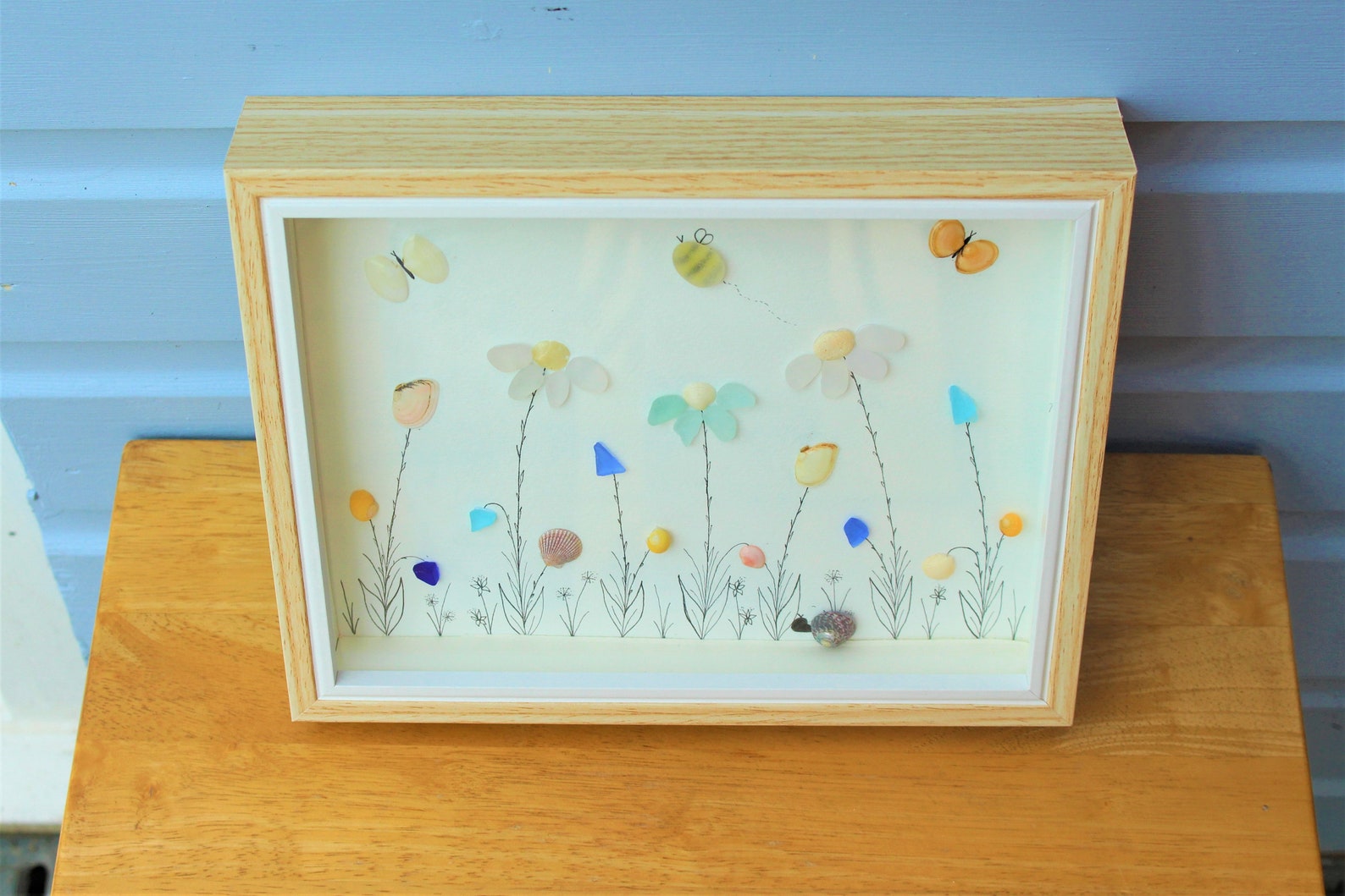 Cornish Sea Glass and Sea Shell Flower Art: Meadow Framed in Box Frame ...