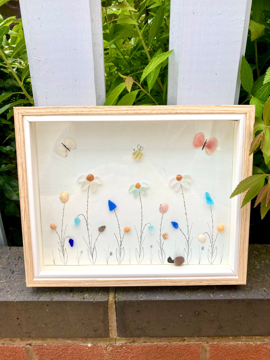 Cornish Sea Glass and Sea Shell Flower Art: Meadow Framed in Box Frame ...