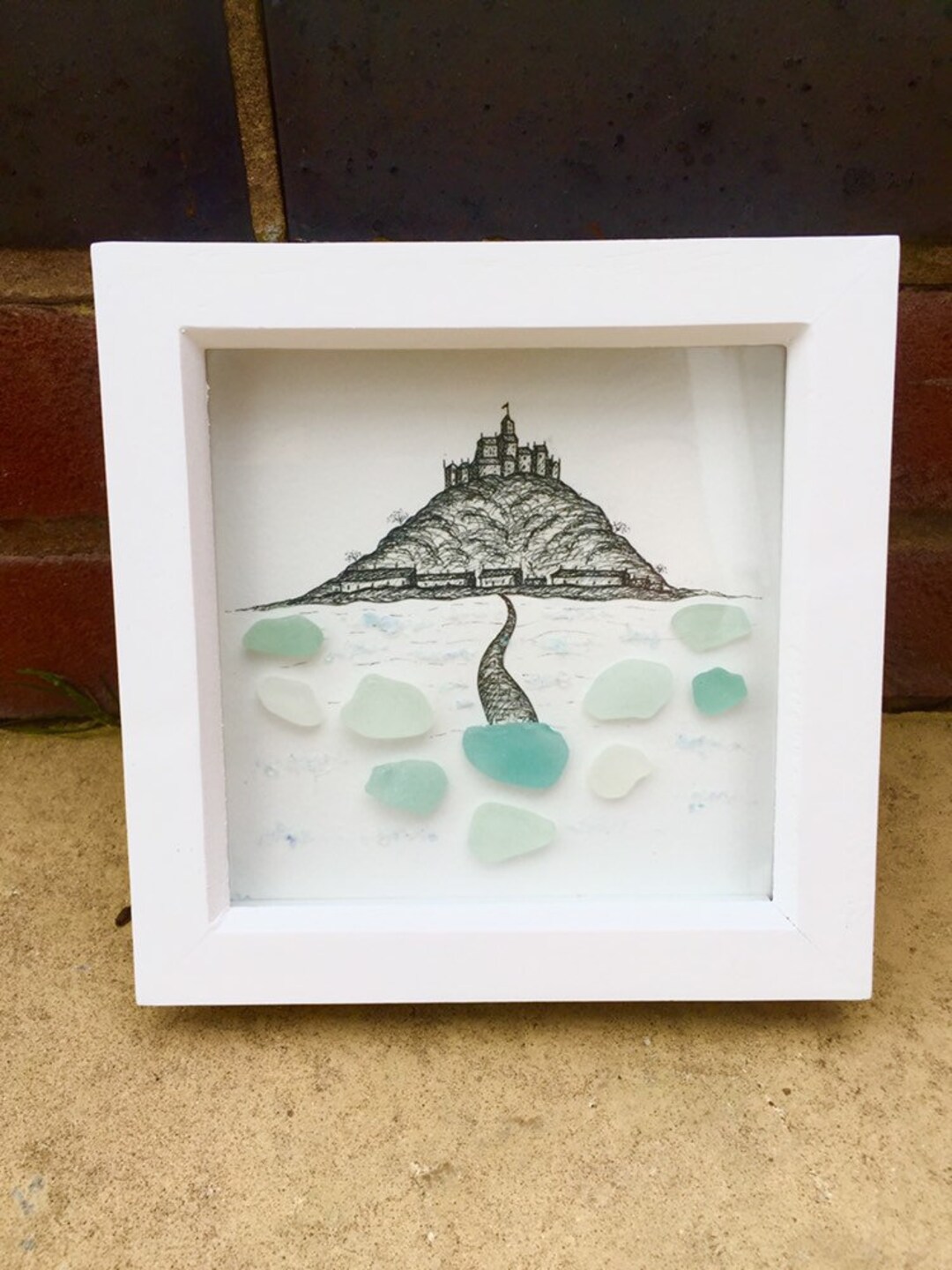 Sea Glass St Michael's Mount Art: Cornish Beach Decor in White Wood ...