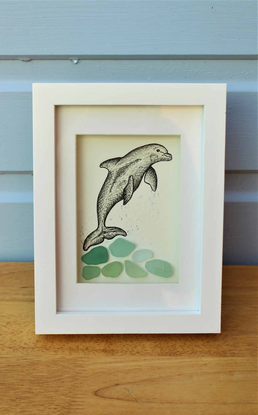 Sea Glass Dolphin Art: Cornish Beach Decor in White Wood Frame - Etsy