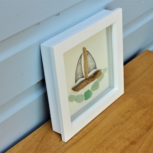 Sea Glass and Driftwood Ombre Sail Boat Art Framed in White Wooden Box ...