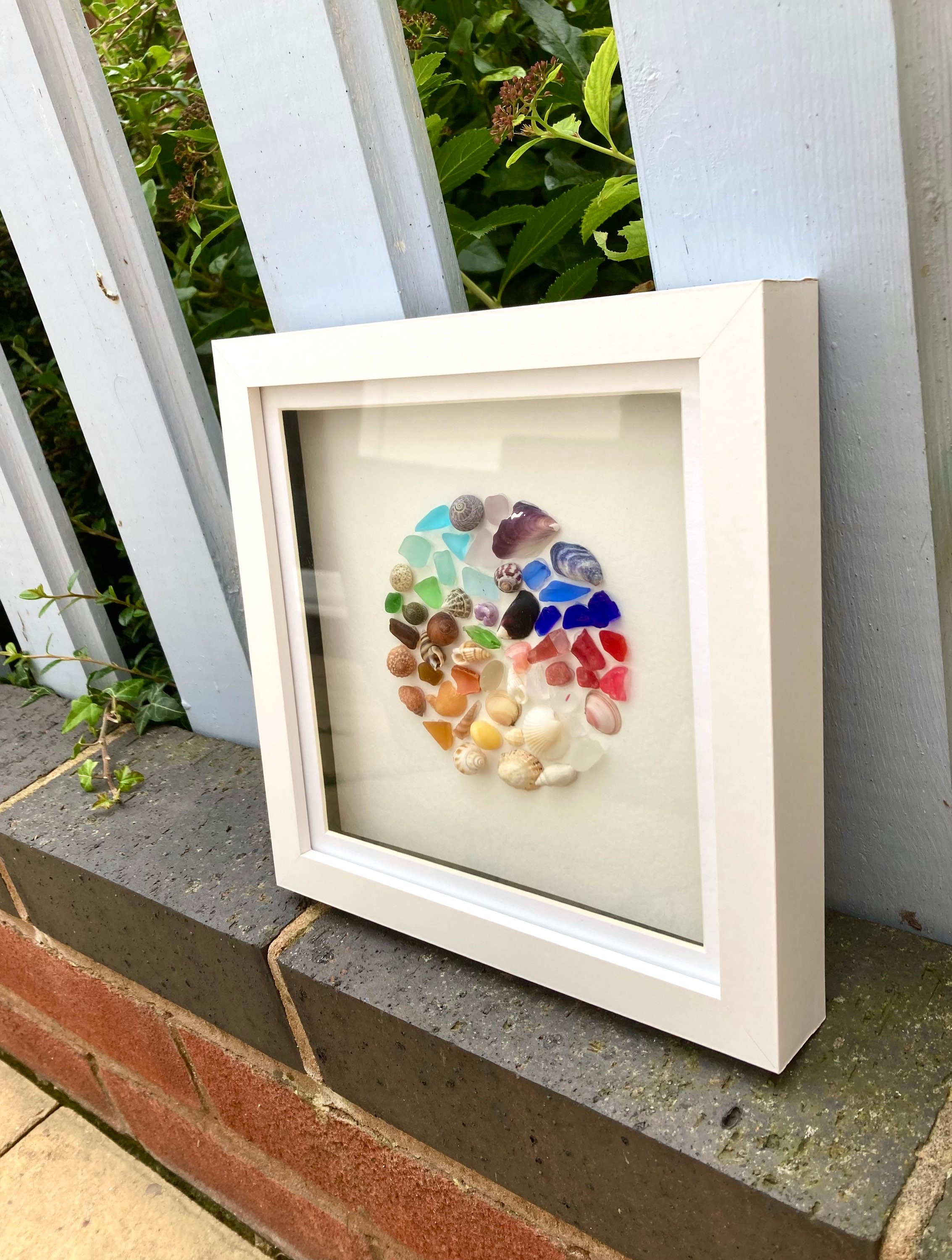Rainbow Sea Glass and Sea Shell Circle Art Framed in a White - Etsy