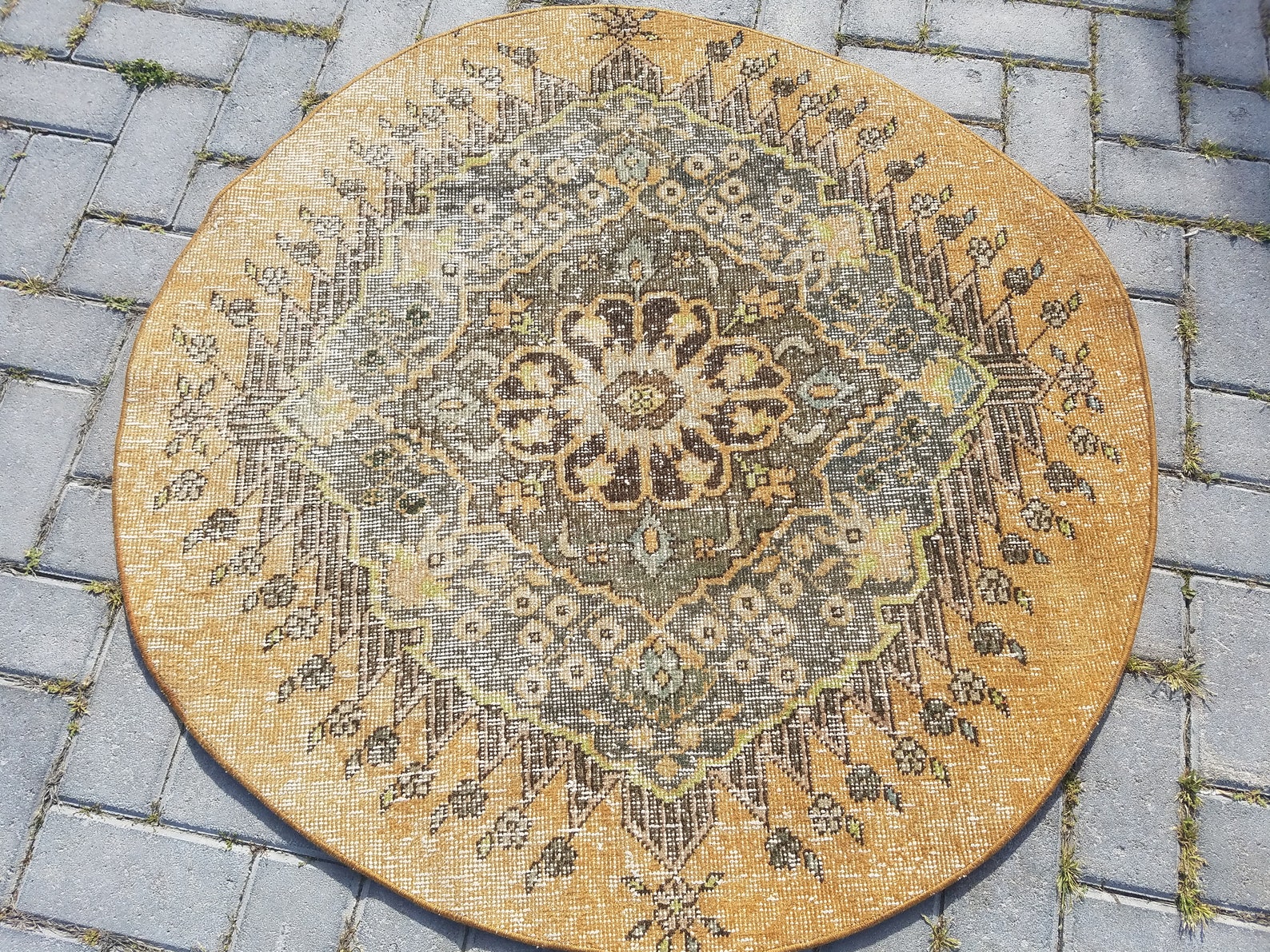Round Rug 3'7 Feet, Circle Rug, Turkish Rug Vintage Rug Vintage Oushak ...
