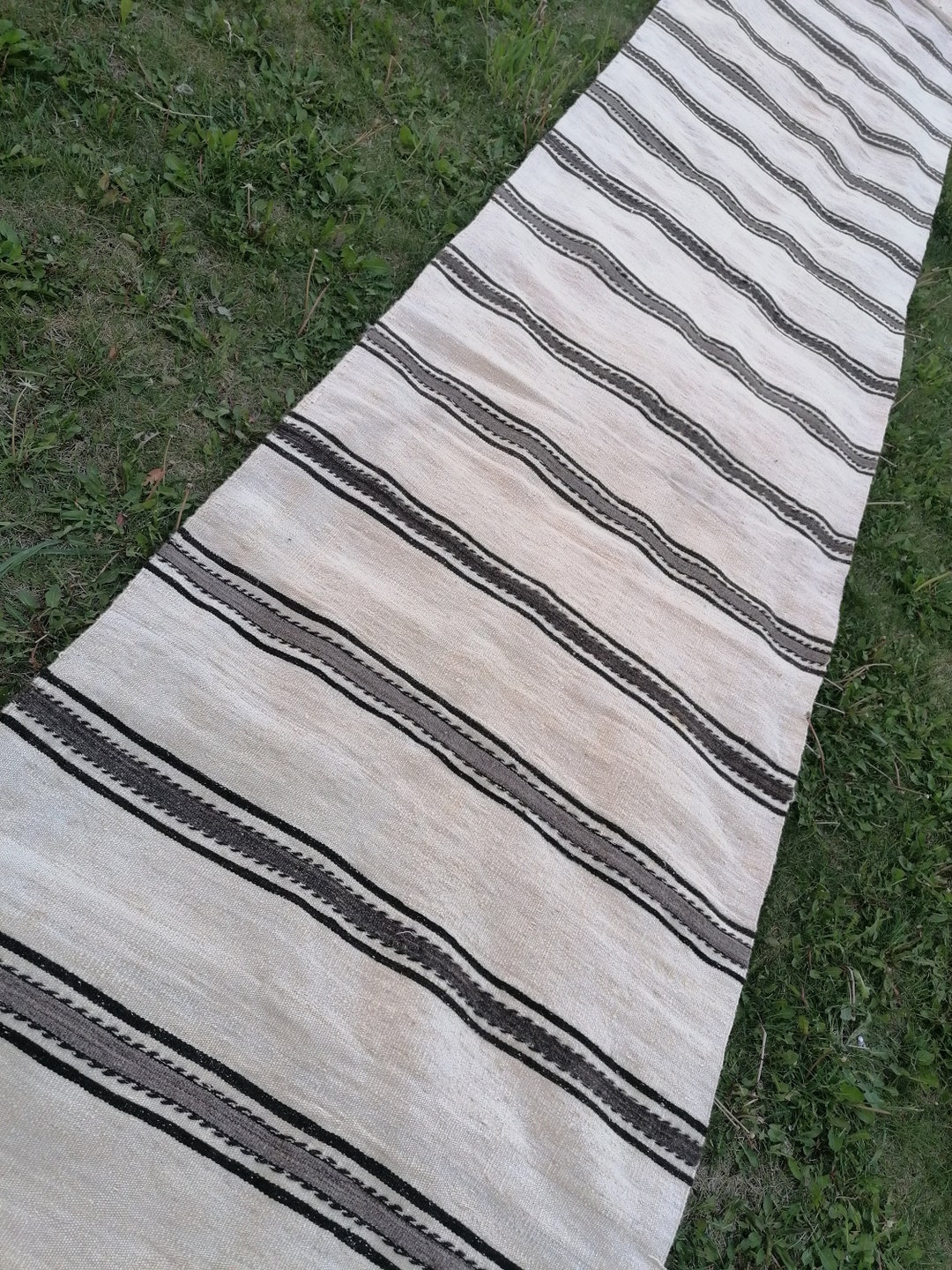 Neutral Wool Runner, Long Flatweave Stripe Handmade Runner 2'5x21 ...